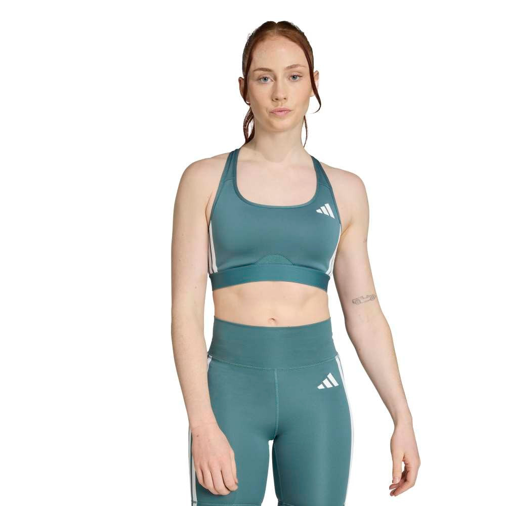 adidas powerreact train medium support 3-stripes bra female green